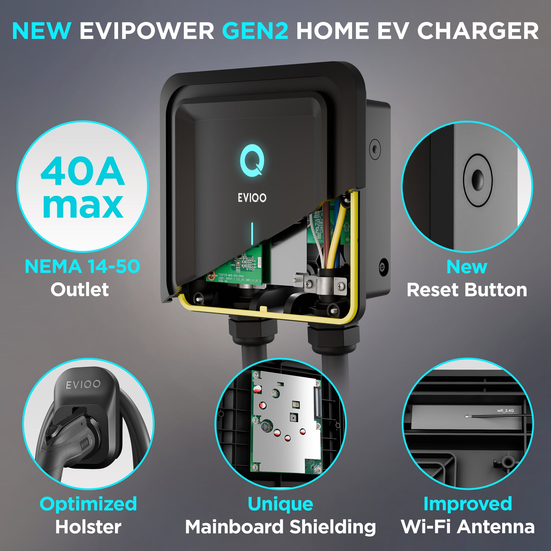 EVIQO Level 2 EV Charger GEN 2 NEMA 14-50 PLUG-IN (240V) - 40 Amp